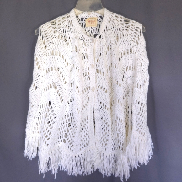 Sweaters | Vtg Handmade Crochet Poncho White One Size Cottagecore Shawl ...
